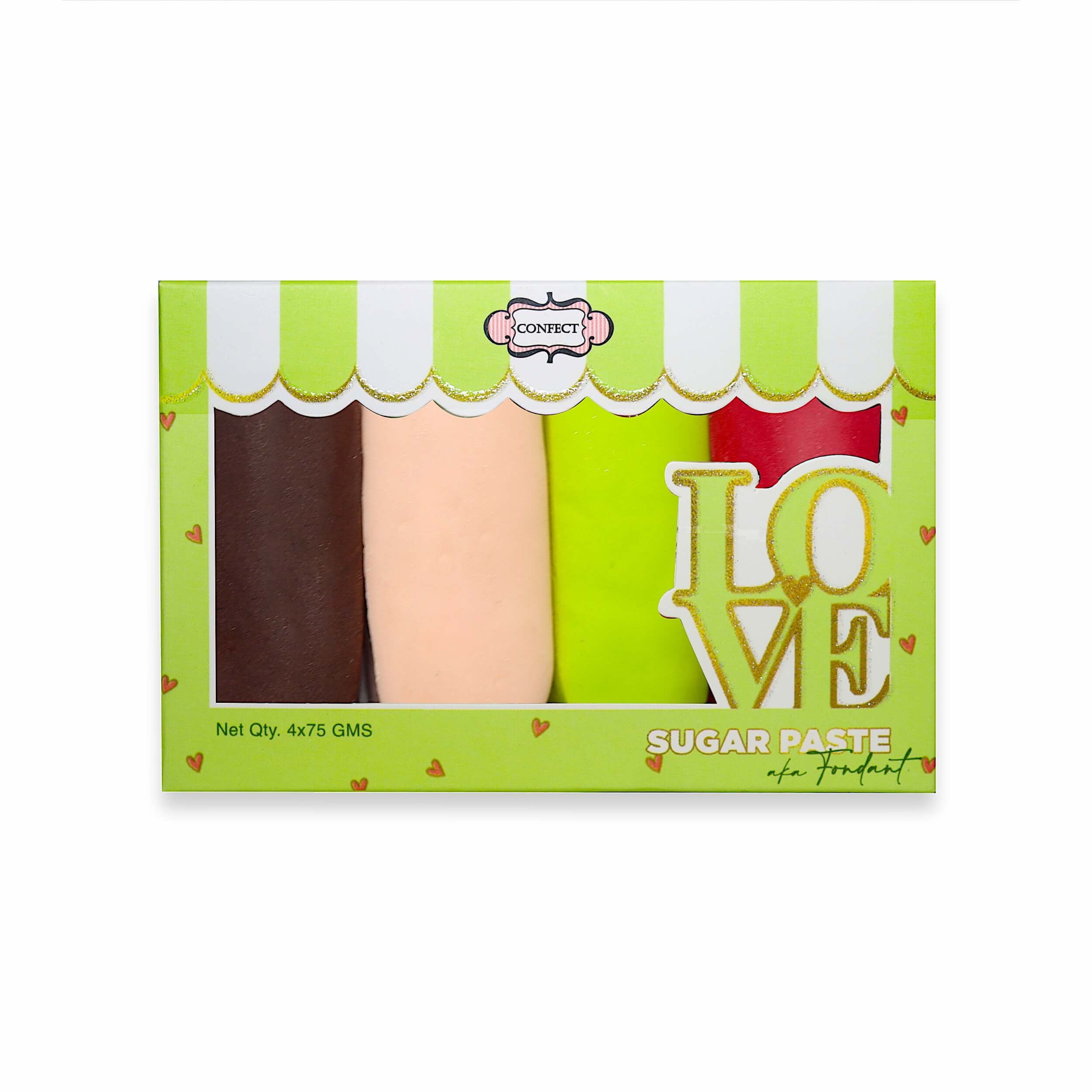 Multipack of Brown, Skin, Lime Green and Neon Pink Sugarpaste 26 – Confect